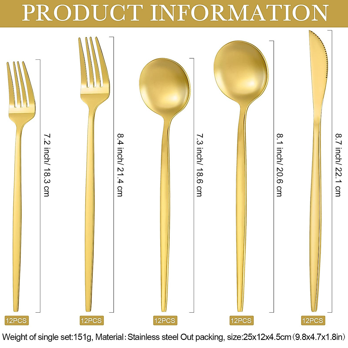 60 Pieces Stainless Steel Tableware Set Silverware Set Flatware Cutlery Set Utensils Set Spoon Fork Knives Set Service for 12 for Home Restaurant Apartment and Kitchens (Gold)