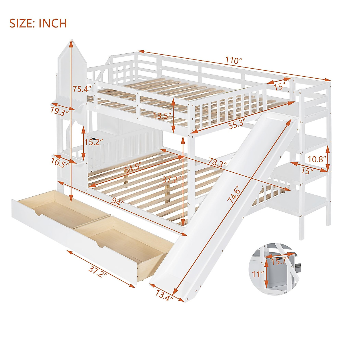 BIADNBZ Full Bunk Bed with Storage Stairs and Slide, 2 Drawers&3 Shelves, Multifunctional Wooden Low Bunkbed Frame, for Kids Teens Boys Girls Bedroom, White