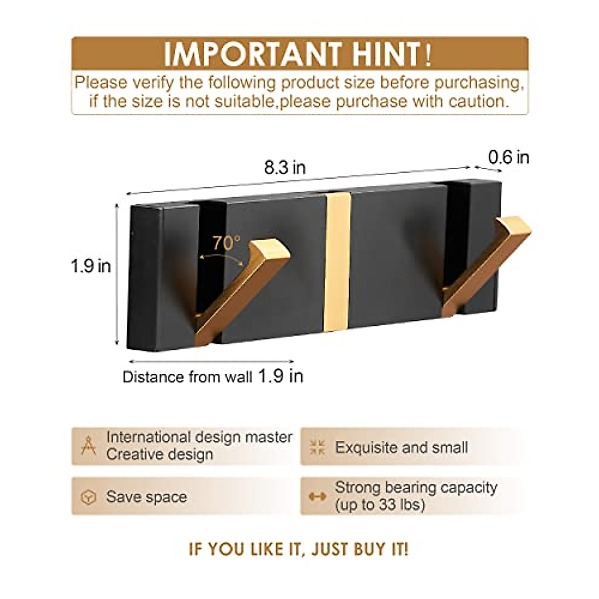 MrsJeggy 2 Pack，Watertight Black Gold Wall Hook，Towel Hooks for Bathroom Wall Mounted，Folding Black Coat Hook，No Punching，Wall Mounted Hook，Door Robe Hook，Bathroom Towel Hook，Also for Balcony，Kitchen