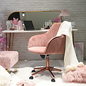 DUHOME Home Office Chair Computer Desk Chair Armchair Task Chair Velvet Upholstered Chair Height Adjustable Comfortable Stool Swivel Rolling Chair with Rose Gold Metal Base Pink