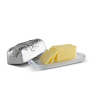 Arthur Court Designs Aluminum Grape Covered Butter Cream Cheese Dish Container Keeper Hand Polished Tarnish Free Artisan Quality with glass dish 7 inch Long