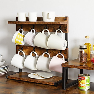 IBUYKE Rustic Coffee Mug Holder Stand, 2 Tier Countertop Mug Tree Holder Rack with Storage Base, Vintage Mug Holders for Kitchen, Holds 8 Mugs, Rustic Brown UTBJ002H