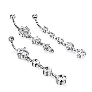JOERICA 3Pcs 14G 316L Stainless Steel Belly Button Rings for Women Flower CZ Dangle Belly Button Rings Navel Piercing Jewelry