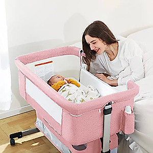 Ihoming Baby Bassinet Bedside Sleeper, Baby Bed Side Crib with Storage Basket, Easy Folding Bassinets, Adjustable Baby Bed for Infant Newborn, Pink