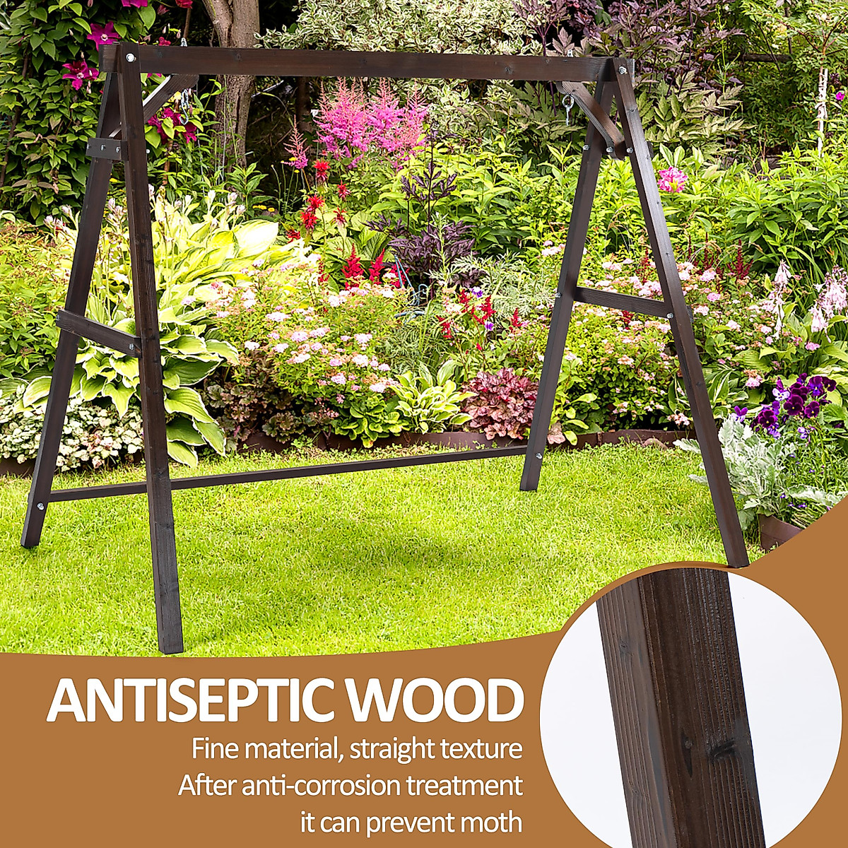 Finnhomy Outdoor 880 LBS Porch Swing Frame, Stable A-Frame Wooden Swing Stand with Extra Bottom Connection Board, Freestanding Porch Swing Frame Only, for Porch Patio Garden Backyard (Frame Only,5 FT)