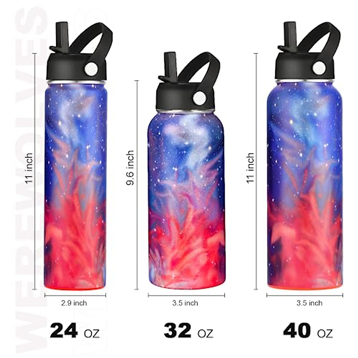 WEREWOLVES Personalized Insulated Water Bottle with Paracord Handle Straw Lid & Spout Lid, Vacuum Stainless Steel Wide Mouth Water Bottle for Adults 24 oz, 32 oz, 40 oz