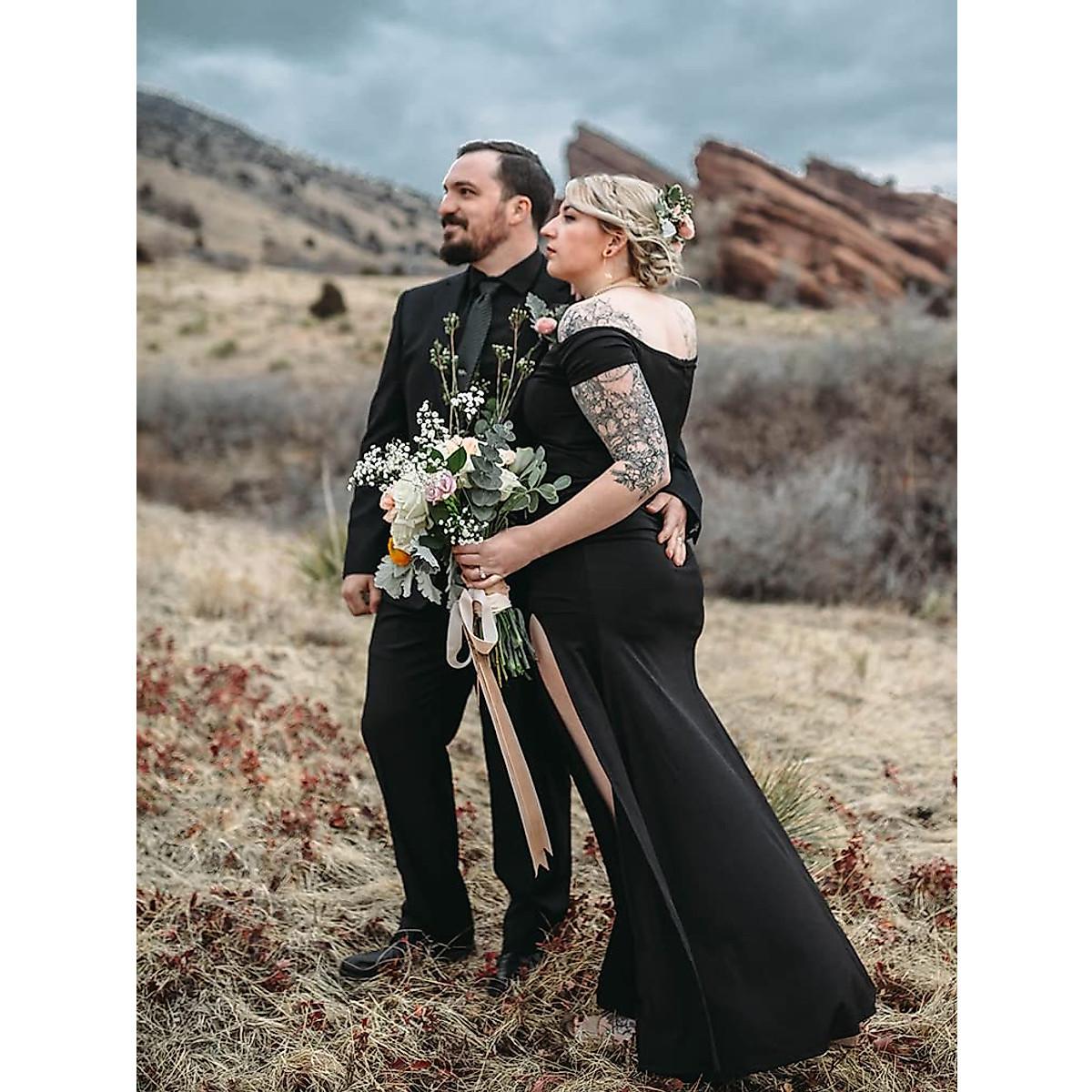 YMDUCH Women's Off Shoulder High Split Long Formal Party Dress Evening Gown Black