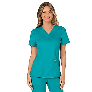 Cherokee Scrubs for Women Mock Wrap Top with 3 Pocket, Back Princess Seams WW610, L, Teal Blue