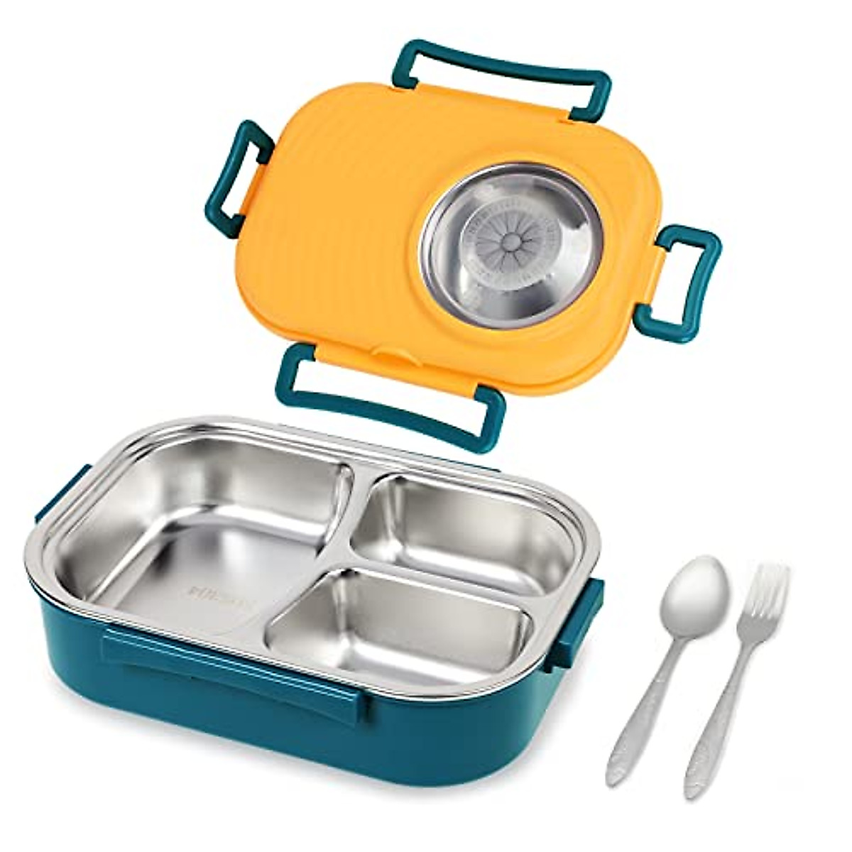 Puraville Stainless Steel Bento Lunch Box for Kids and Adults, Stackable BPA-Free Food Containers with 3 Compartments and Reusable Sauce Bowl, Fork and Spoon, (1000ml/34oz, Yellow)