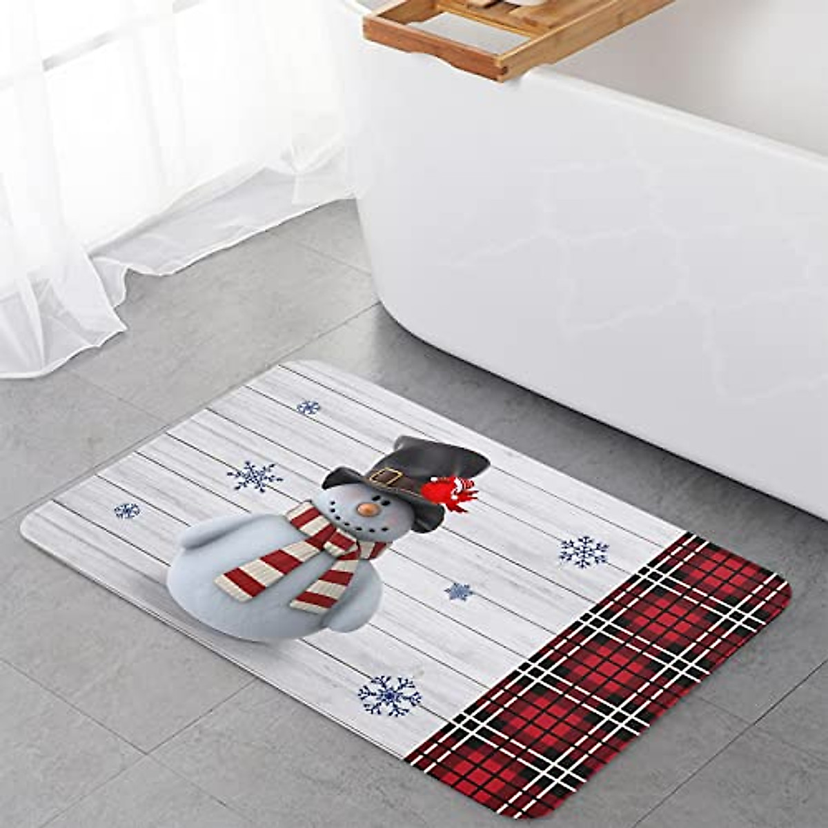 Kitchen Mat Rug Set of 2 Christmas Snowman Classical Red Plaid Farm Wood Grain Runner Rug Anti-Fatigue Comfort Memory Foam Standing Mat Non-Slip Floor Door Mat for Bathroom Bedroom 20x32in+20x47in