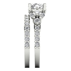 Clara Pucci 2.66ct Round Marquise cut Engraving Solitaire 3 stone W/Accent Moissanite Wedding Anniversary Ring set 14k White Gold 7.25