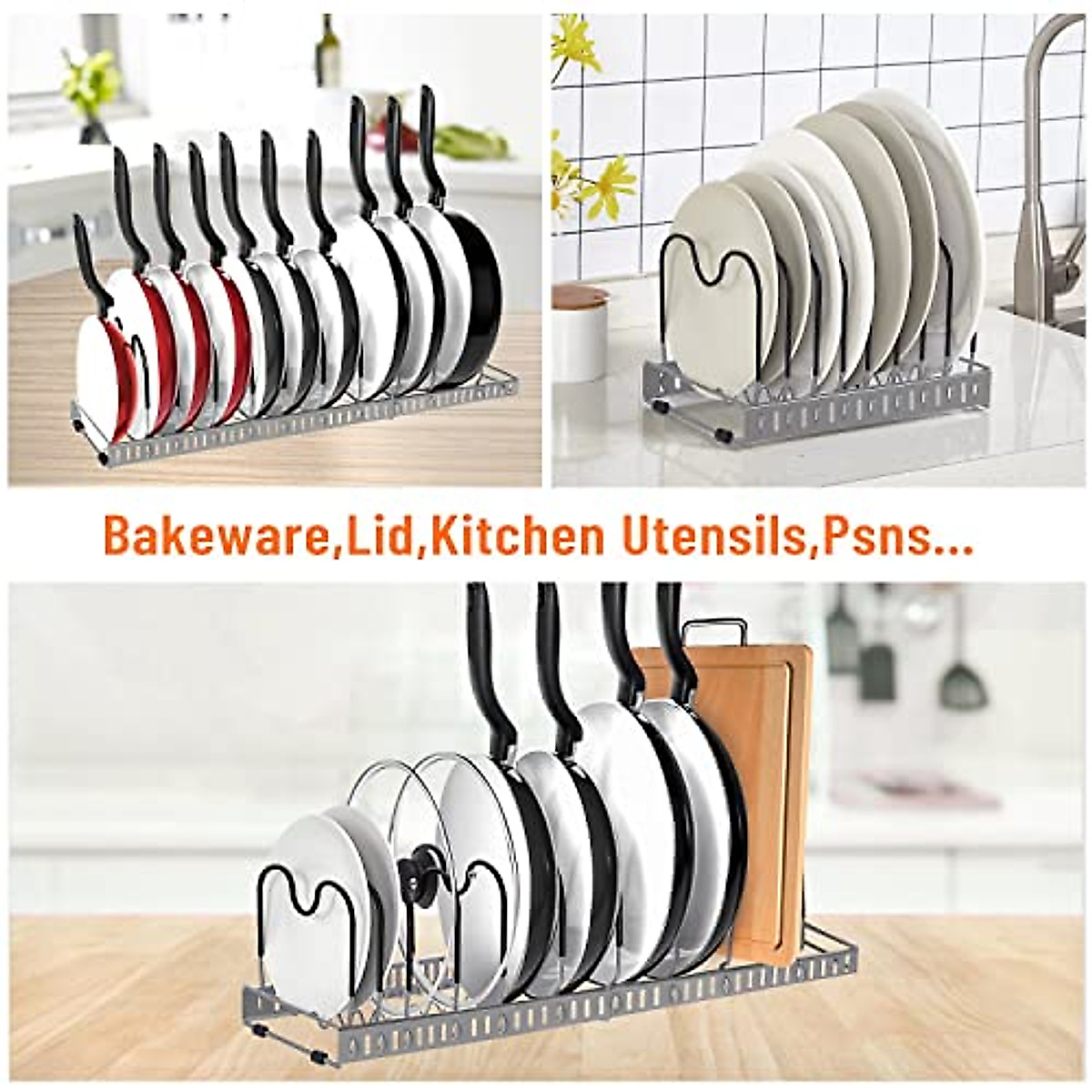 AHNR Expandable Pot and Pan Organizers Rack, 10+ Pans and Pots Lid Organizer Rack Holder, Kitchen Cabinet Pantry Bakeware Organizer Rack Holder with 10 Adjustable Compartments (Grey)