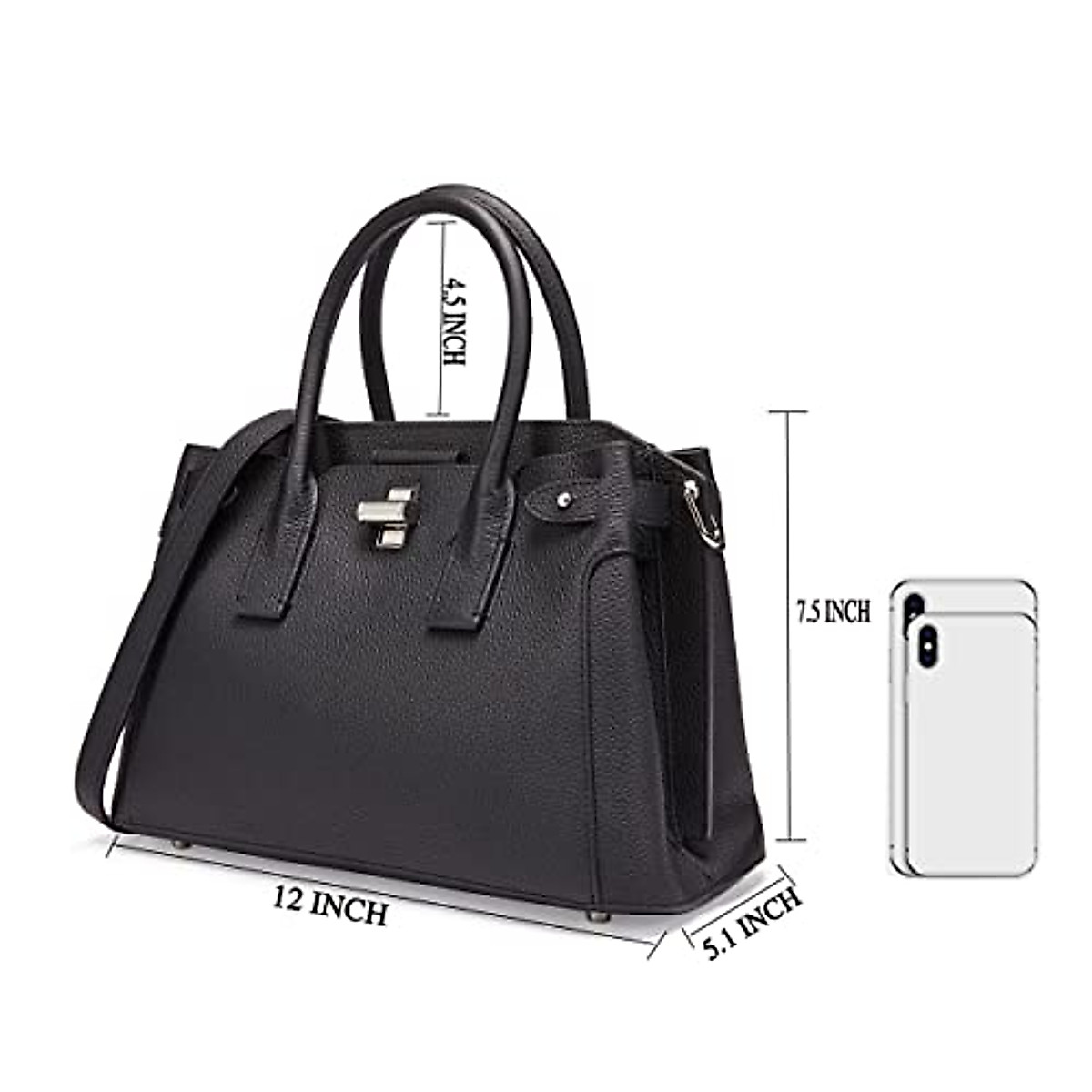 Leather Satchel Handbags For Women Medium Top Handle Shoulder Purse With Straps (Black)