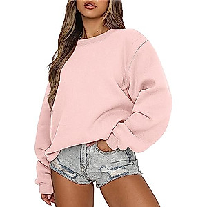 Caracilia Women's Crewneck Sweatshirts Oversized Fleece Hoodies Tops Casual Loose Pullover Sweaters 2024 Fall Clothes Pink Small