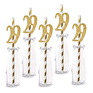 29th Birthday Paper Straw Decor, 24-Pack Real Gold Glitter Cut-Out Numbers Happy 29 Years Party Decorative Straws