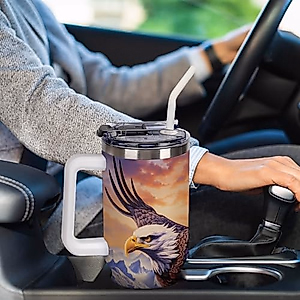 Bald Ea-gle 40 Oz Stainless Steel Cup Travel Tumbler with Handle and Straw Lightweight Coffee Mug for Home Office