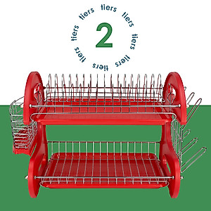 2 Tier Dish Drainer, By Home Basics (Red) Dish Rack For Kitchen Counter, With Cutlery Holder and Cup Slots