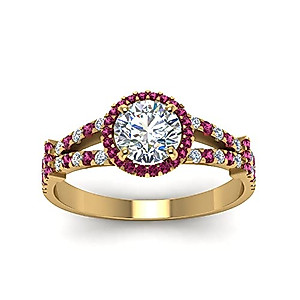 55Carat French Cut Floating Halo Ring yellow gold plated Created Pink Sapphire Round shape Pink color Split Shank Engagement Ring prong Setting in Size 4 Handcraft Chakra Healing