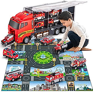 TEMI Toddler Toys for 3 4 5 6 Years Old Boys, Die-cast Emergency Fire Rescue Vehicle Transport Car Toy Set w/Play Mat, Alloy Metal Fire Truck Toys Set for Age 3-9 Toddlers Kids Boys & Girls
