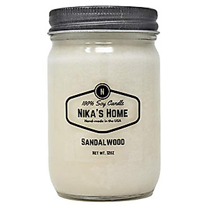 Nika's Home Sandalwood Soy Candle 12oz Mason Jar Non-Toxic White Soy Handmade, Long Burning 50-60 Hours Highly Scented All Natural, Clean Burning Large Candle Gift Décor