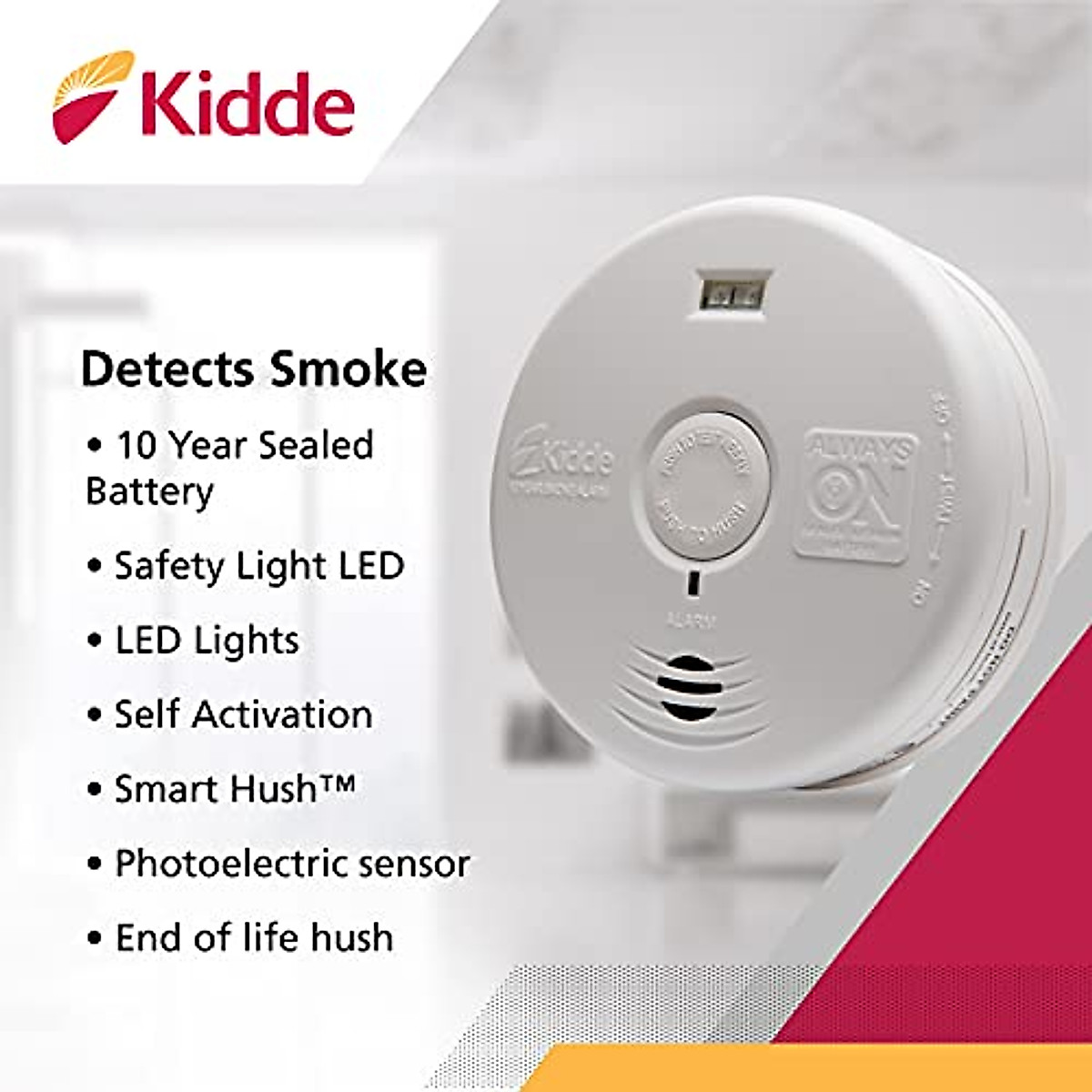 Kidde Smoke Detector with Safety Light for Hearing Impaired, 10-Year Battery Smoke Alarm, Ideal for Hallways or Deaf People