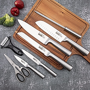 Knife Set, Professional Stainless Steel Chef Knife Set of 9 with Rotatable Acrylic Stand for Kitchen, Ergonomic Ultra Sharp Non-Stick Kitchen Knife set with Gift Box for Women Gifts (Silver)