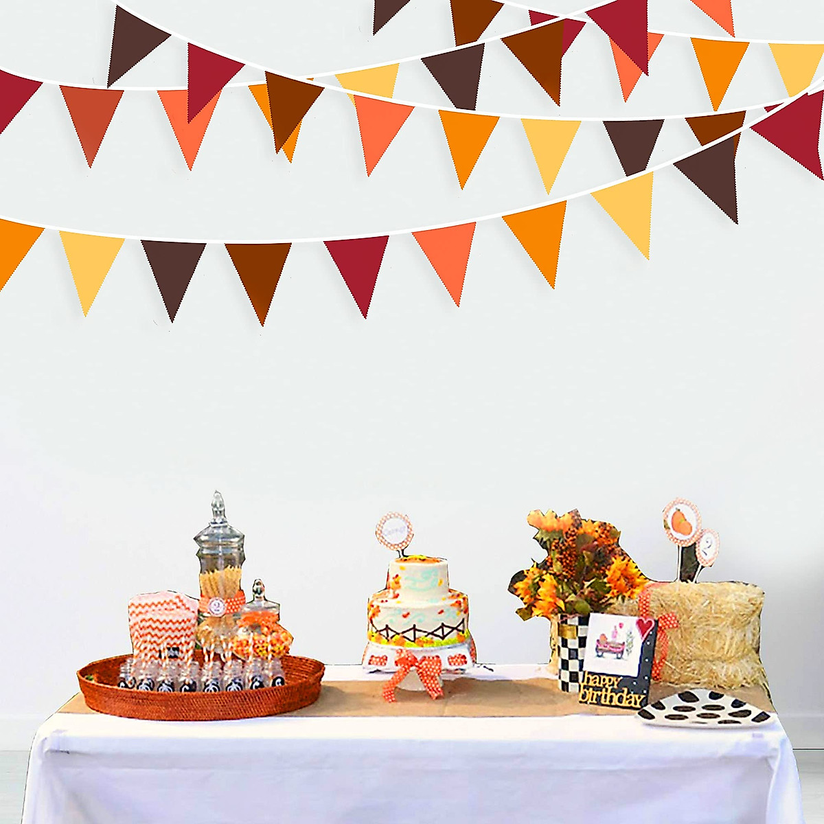 32Ft Fall Banner Decorations Triangle Flag Fabric Pennant Garland Bunting for Happy Fall Decor Thanksgiving Day Harvest Autumn Wedding Birthday Party Home Outdoor Garden Hanging Decoration (36Pcs)