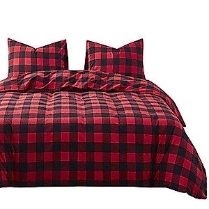 Wake In Cloud - Red Black Plaid Duvet Cover Set, 100% Washed Cotton Bedding, Buffalo Check Gingham Plaid Geometric Checker Pattern, with Zipper Closure (3pcs, King Size)
