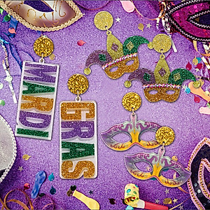 Mardi Gras Earrings for Women Acrylic Mardi Gras Dangle Earrings Letter MARDI GRAS Jester Hat Mask Star Earrings Fleur De Lis Earrings Carnival Fat Tuesday Earrings Holiday Gift (4Pairs)