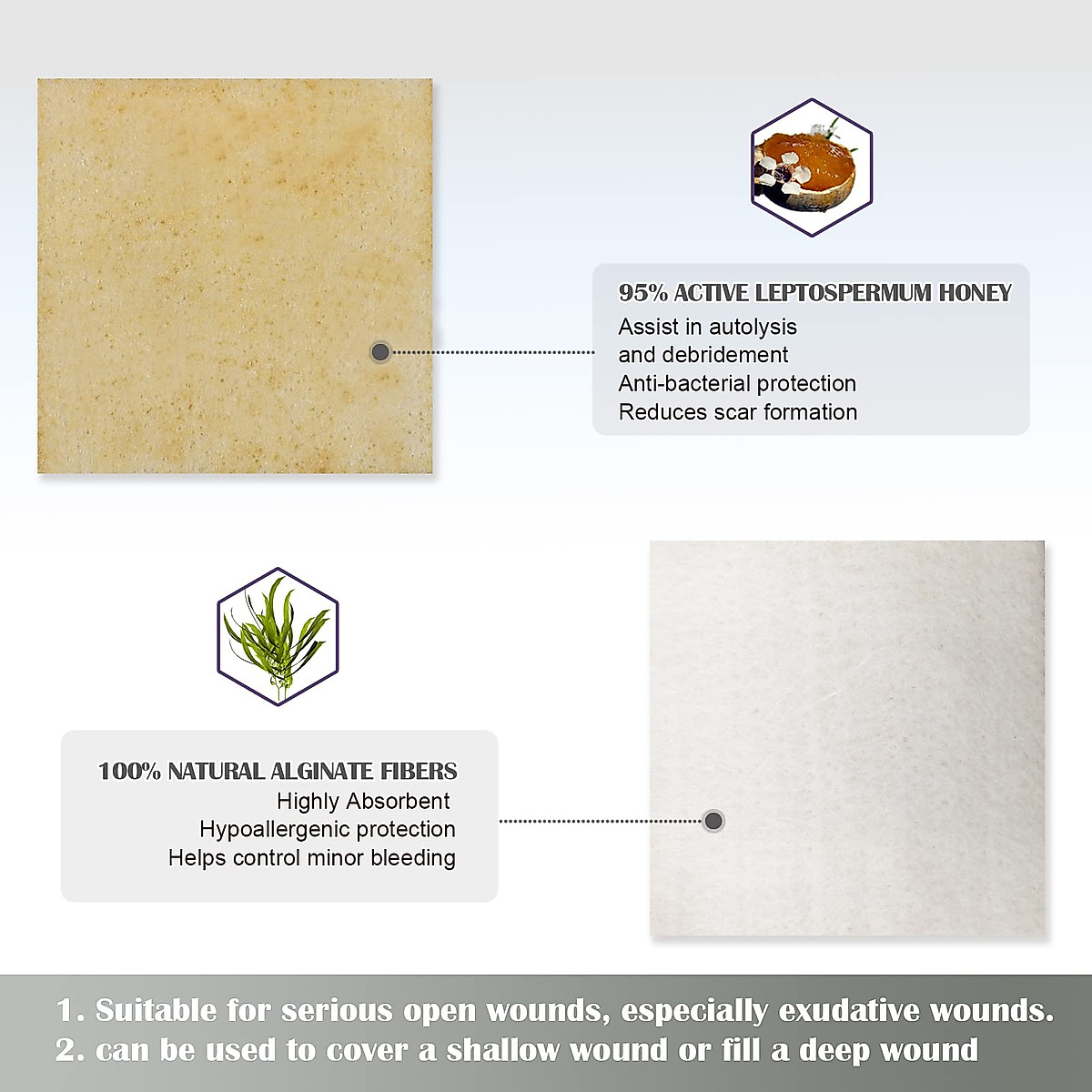 [Pack of 10] Honey Calcium Alginate Dressing 2”x2”, Honey Wound Patches with Calcium, Fast Healing Honey Pads for Bedsores, Surgical Wound, Diabetic Foot Ulcers, Burns and Skin Tears