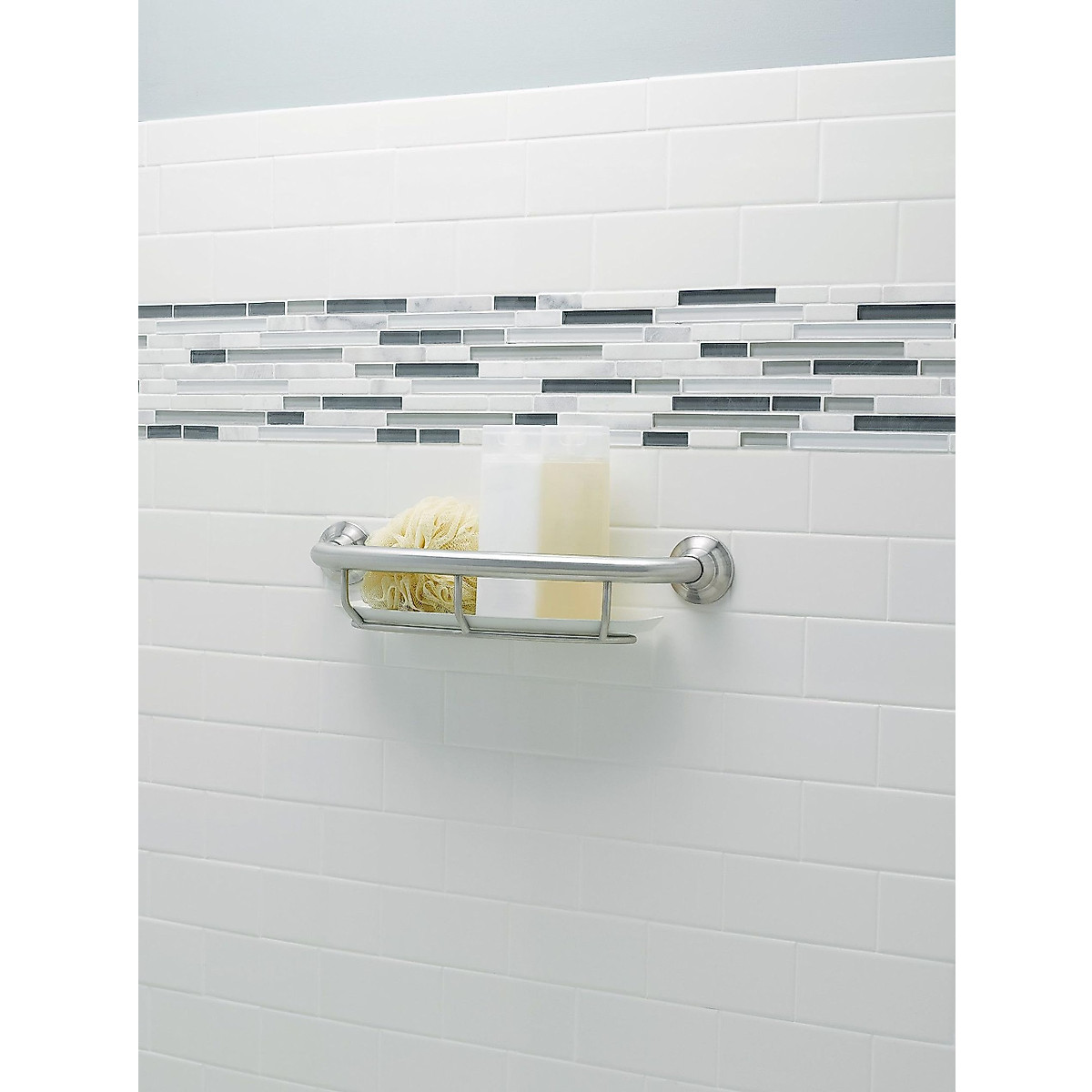 Moen Brushed Nickel Bathroom 16-inch Safety Grab Balance Assist Bar with Storage Shelf for Bathtub or Shower, R2356DBN