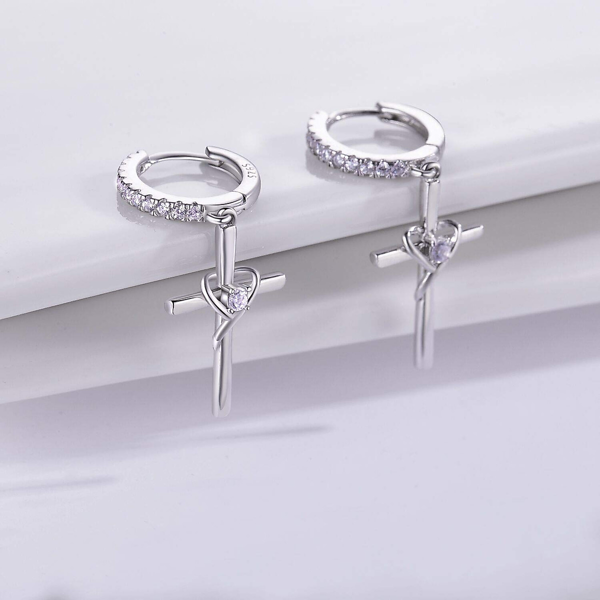 925 Sterling Silver Earrings for Women Heart Earrings Dangle Earrings Cross Jewelry for Festival, Vacation or Holiday by AmorAime (D-04-April)