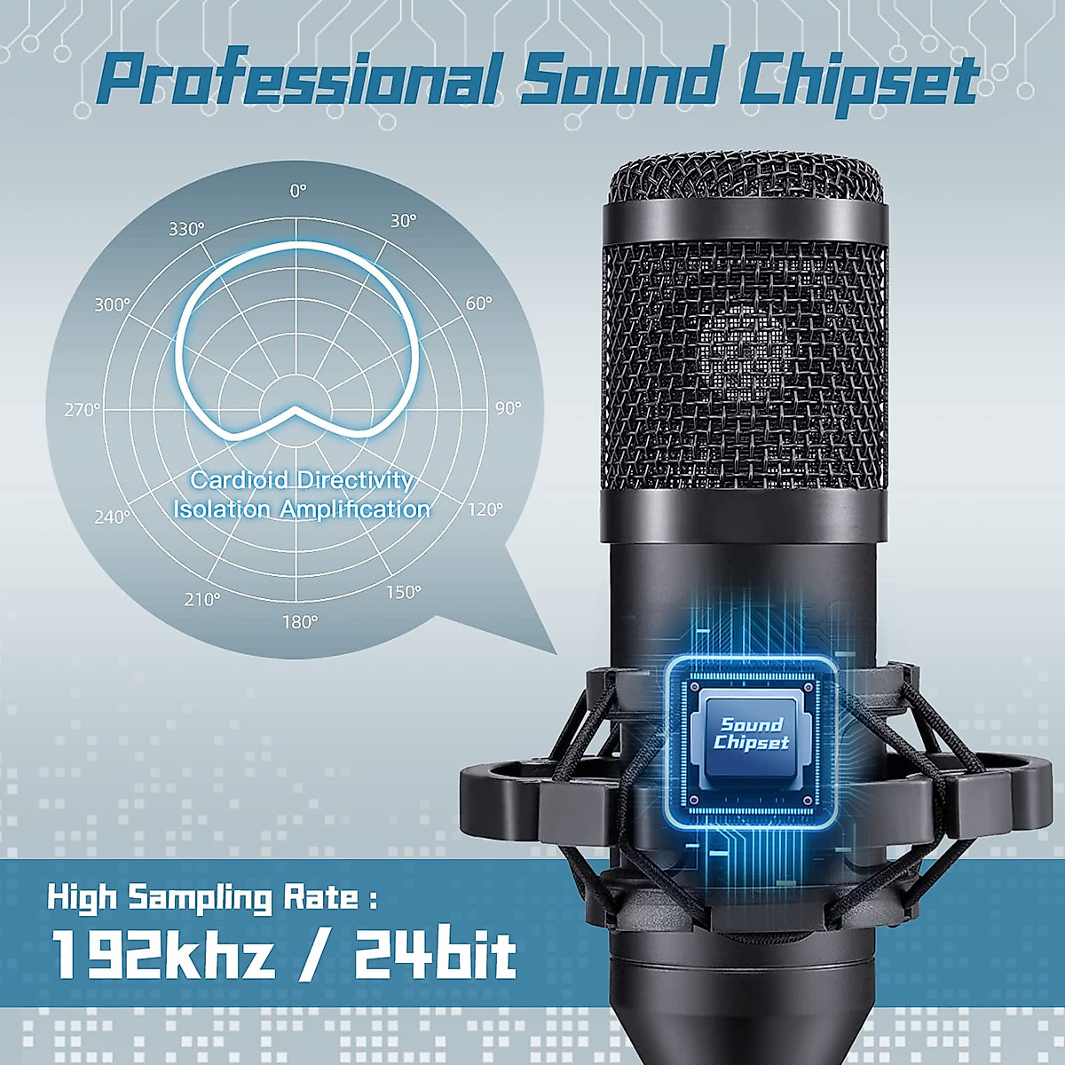 ovedisa USB Microphone, Professional 192kHz/24Bit Plug & Play PC Computer Condenser Cardioid Mic Kit with Sound Advanced Chipset, for Streaming, Podcast, Studio Recording and Games