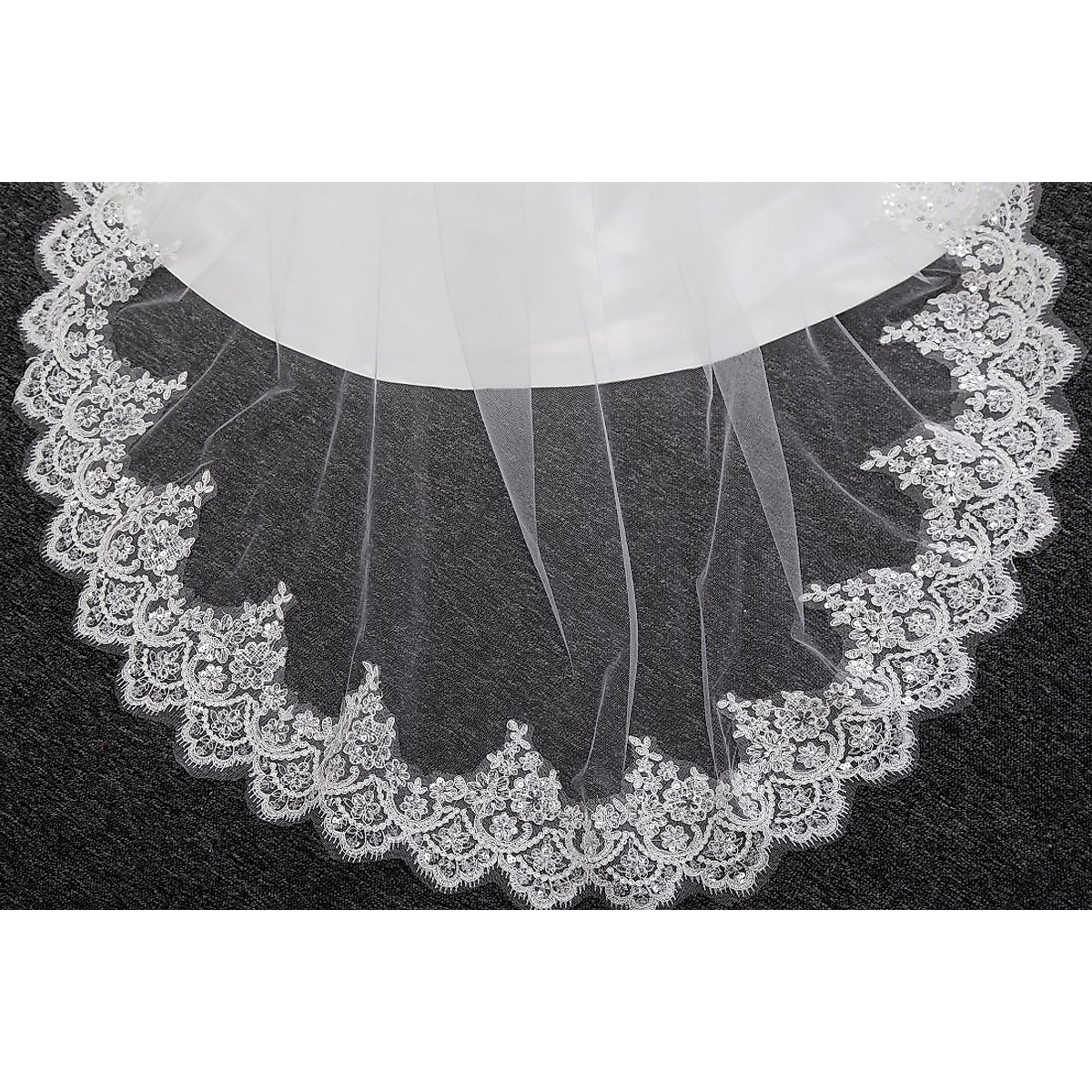 EllieHouse Chapel Length 2 Tier Sequin Lace Wedding Bridal Veil For Bride Ivory