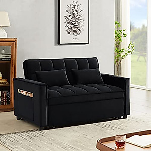 P PURLOVE Modern Velvet Convertible Loveseat Sleeper Sofa Couch with Adjustable Backrest, 2 Seater Sofa with Pull-Out Bed with Side Pocket,2 Pillows for Small Living Room & Apartment