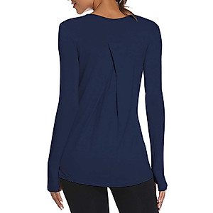 Mippo Womens Workout Athletic Yoga Long Sleeve Shirts Cute Work Out Gym Pilates Clothes Soft Lightweight Long Tunic Tops with Thumb Holes Navy Blue XL