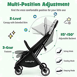 BABY JOY Lightweight Baby Stroller, Compact Travel Stroller for Airplane, Infant Toddler Stroller w/Adjustable Backrest & Canopy, Storage Basket, Self Standing Gravity Fold, Aluminium Frame (Gray)