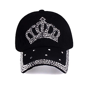 Gudessly Bling Women Baseball Cap Flower Snapback Rhinestone Sun Hats Adjustable Denim Jeans Hat (Crown-Black)