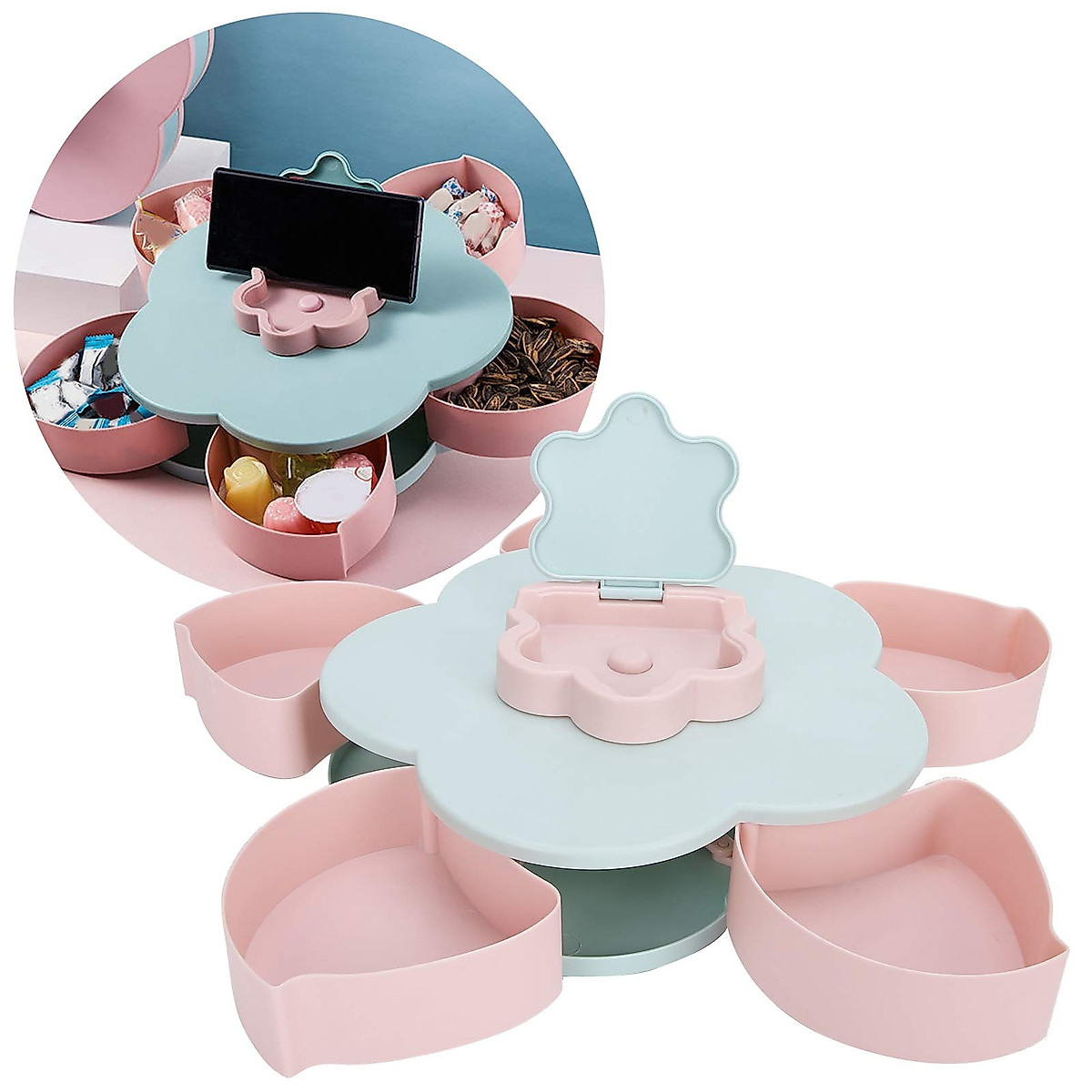 plplaaoo Flower Shaped Dried Fruit Plate,Rotating Snack Storage Box with 5 Compartments, Nut Serving Platter, Removable Snacks Candy Storage Tray for Dried Fruits, French Fries, Nuts