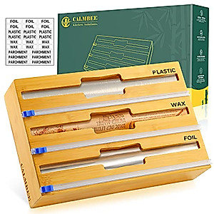 Calmbee Storage Bag Organizer and Wrap Dispenser with Cutter, 3 IN 1 Bamboo Foil and Plastic Wrap Organizer for Kitchen Drawer, Plastic Bag Organizer for Gallon, Quart, Sandwich, Snack
