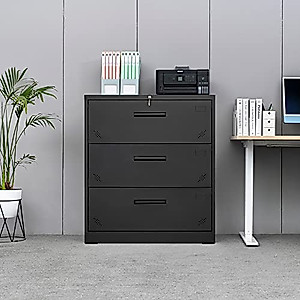 Yone jx je 3 Drawer Lateral Filing Cabinet for Legal/Letter A4 Size, Large Deep Drawers Locked by Keys, Locking Wide File Cabinet for Home Office, Metal Steel (Black)