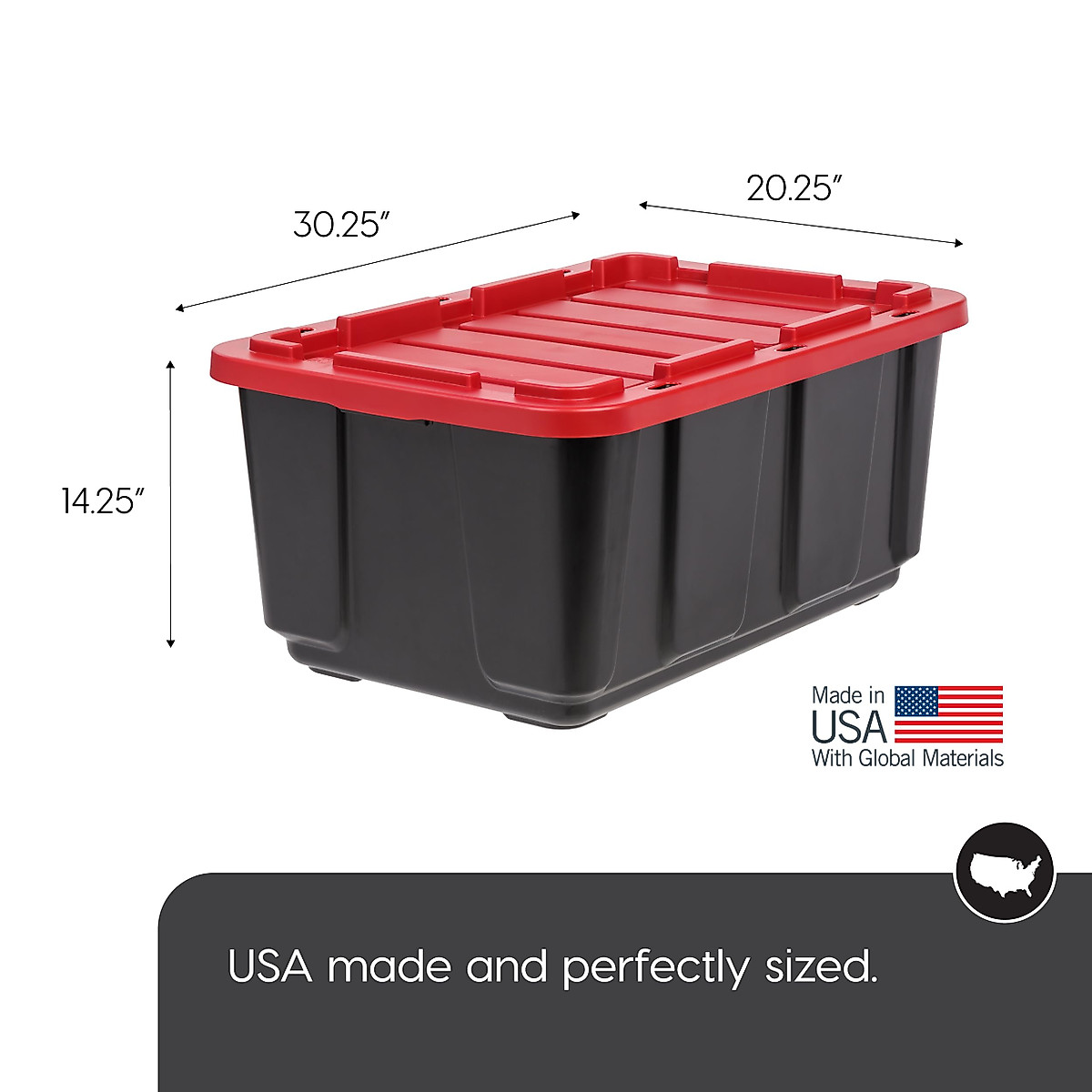 IRIS USA 27 Gallon Large Heavy Duty Storage Bins with Lids, 4 Pack - Made in USA, Snap On Lid Stackable Industrial Tough Totes, Rugged Tubs, Garage Organization, Rugged Reusable Boxes - Black/Red
