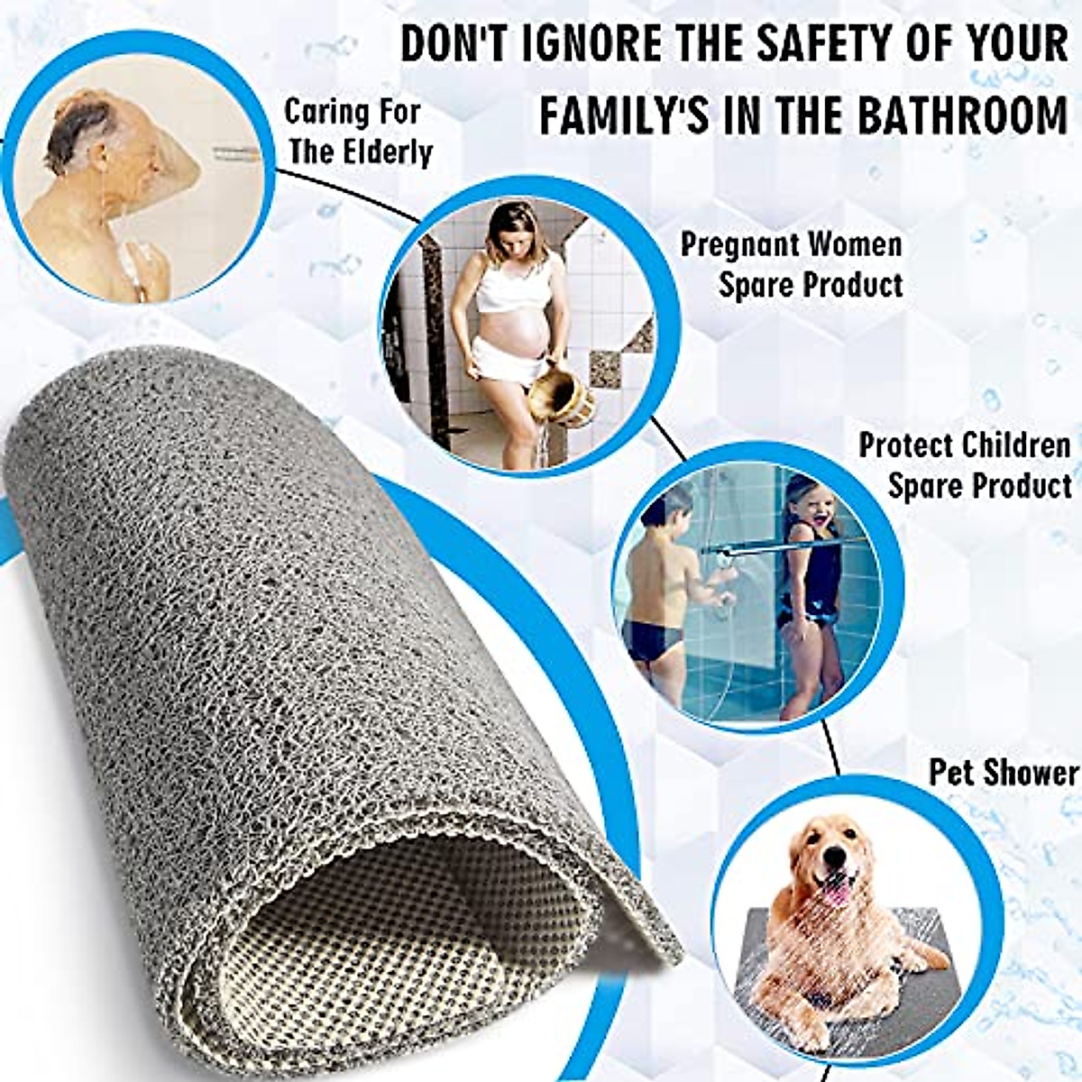 Shower Mats Non Slip Without Suction Cups, 23.6×34.6 Inch, Bath Mat for Textured Tub Surface, Loofah Mats for Shower and Bathroom, Quick Drying, Grey