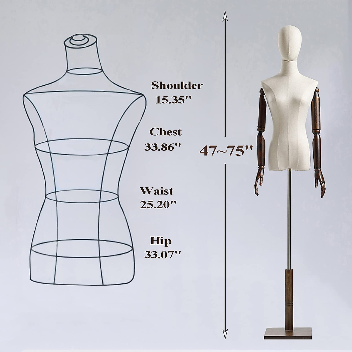 Female Mannequin Torso Dress Form, Clothing Display Model Body Stand with Head, Wooden Arms and Base for Sewing Clothing, Jewelry, Height Adjustable 47-75 Inch (Whole Body)