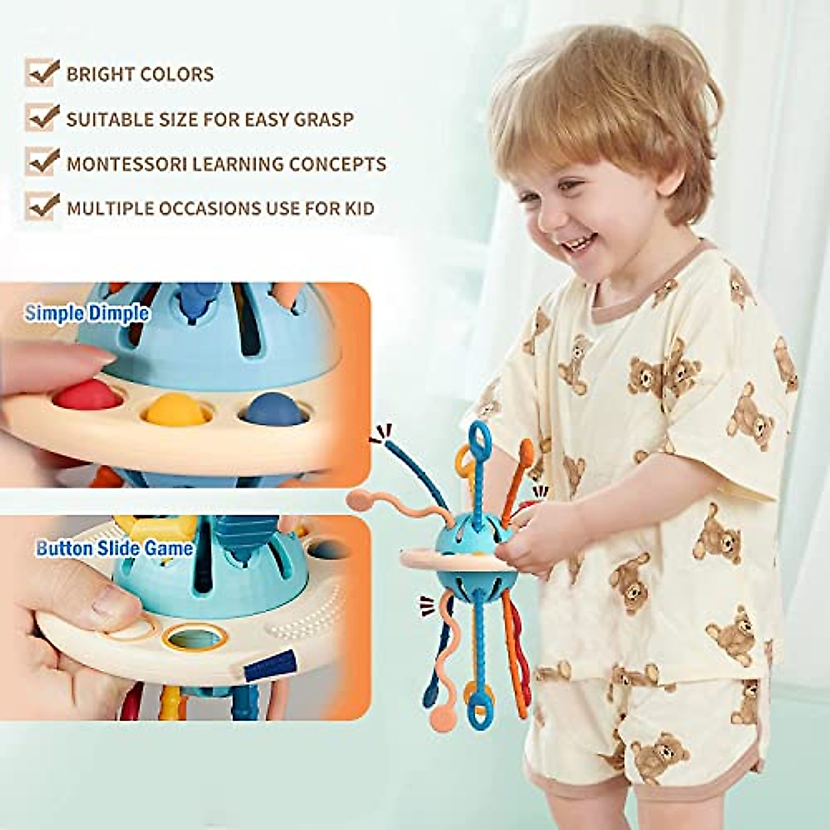 Mcostar Baby Toys Montessori,Silicone Pull String Interactive Toy,Educational Toys,Food-Grade Sensory STEM Teething Toys, Motor Skills,Tactile Stimulation,Gifts for Infants Toddlers Boys Girls