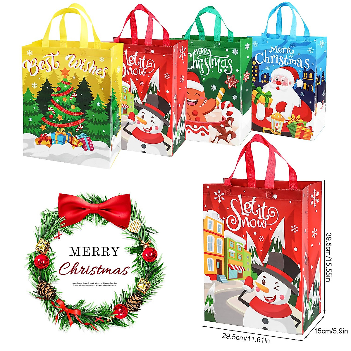 SULOLI 12 Pack Large Christmas Tote Bags with Handles, Reusable Gift Bag Non-Woven Grocery Shopping Totes for Holiday Xmas Party Supplies