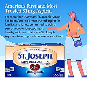 St. Joseph Aspirin Pain Reliever (NSAID) 81mg, Enteric Safety Coated, Adult Low Dose Regimen, 365 ct (1 Year Supply)