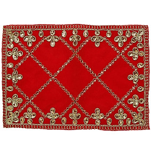Set of 2 Red Velvet Pooja Cloth Mat Aasan Decorative Cloth (Size:-7 Inches X 10 Inches,) for Multipurpose Puja Indian Traditional Festival Decorations Item and Article Gift
