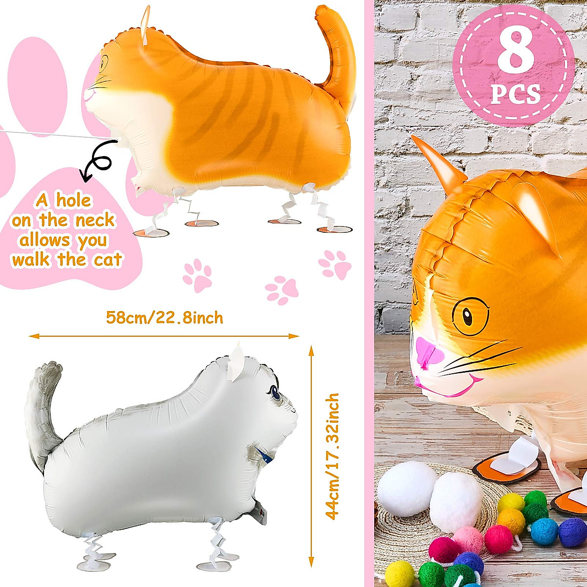 8 Pieces Walking Animal Cat Balloons Aluminum Foil Animal Balloons for Party Decoration for Cat Theme Party Supplies Baby Shower Wedding Birthday Decor, 2 Colors