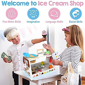 Wooden Ice Cream Toy for Kids, 33 PCS Pretend Play Food for Toddlers 3-5 Portable Ice Cream Stacking Toy, Montessori Toddler Toy Kitchen Playset Gift for Ages 3+
